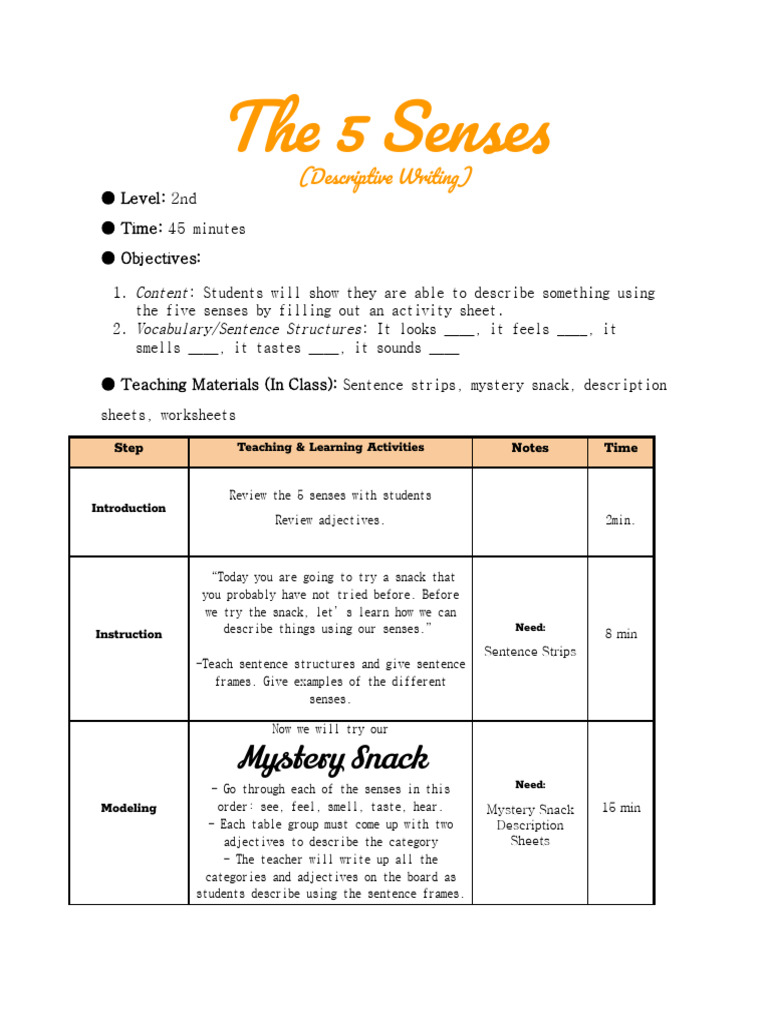 Descriptions - The Senses Lesson Plan | PDF | Lesson Plan | Cognitive ...