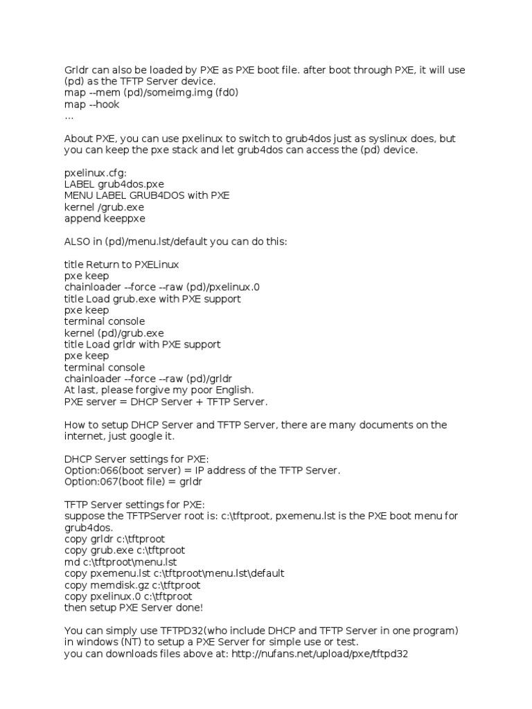PXE Boot Setup with GRUB4DOS Guide | PDF
