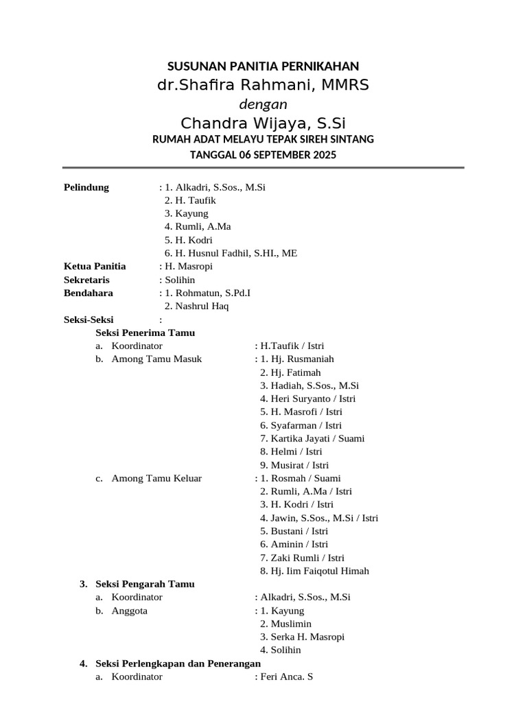 Susunan Panitia Pernikahan Fira & Chandra | PDF