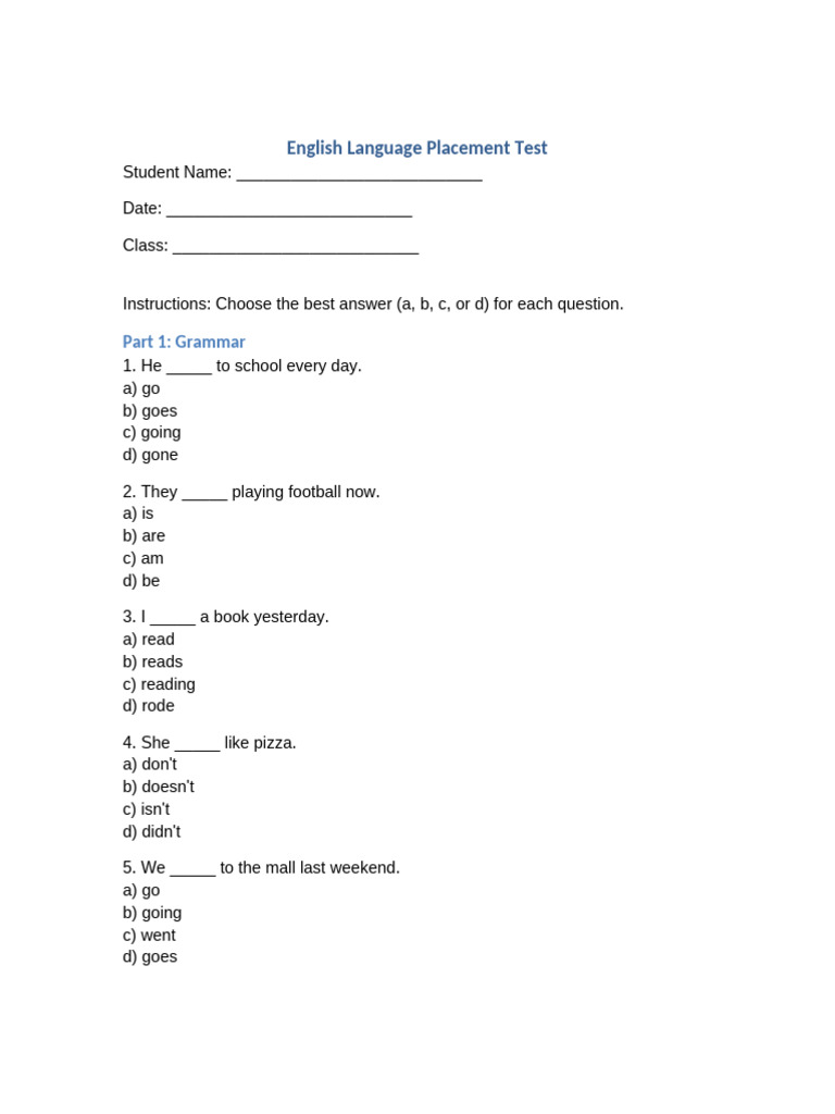 English Placement Test Saudi Middle School | PDF
