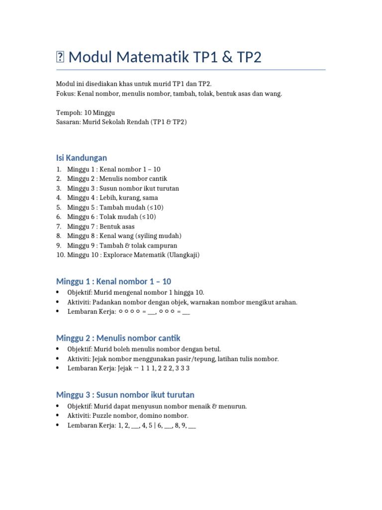 Modul Matematik untuk Murid TP1 & TP2 | PDF