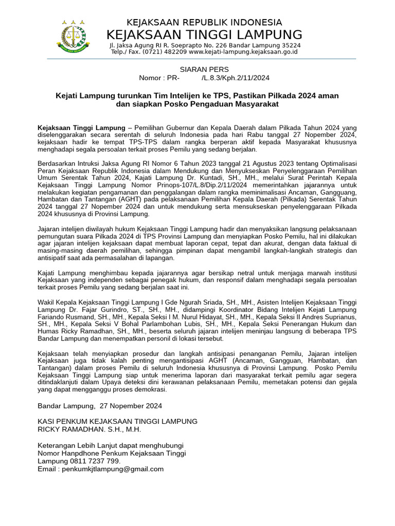Kejati Lampung Amankan Pilkada 2024 | PDF