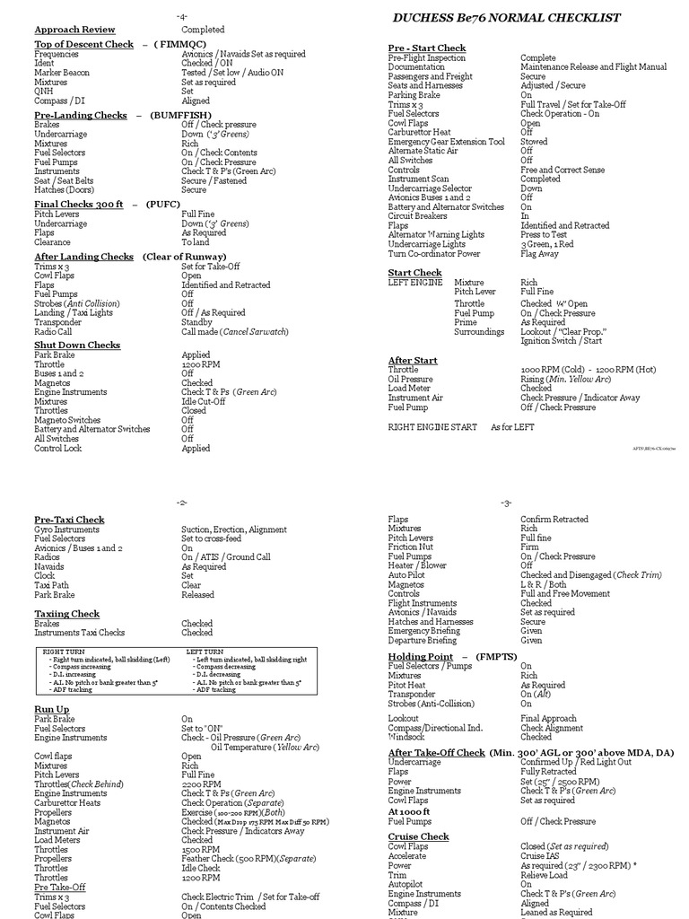 Duchess BE76 Normal Checklist | PDF | Carburetor | Landing Gear