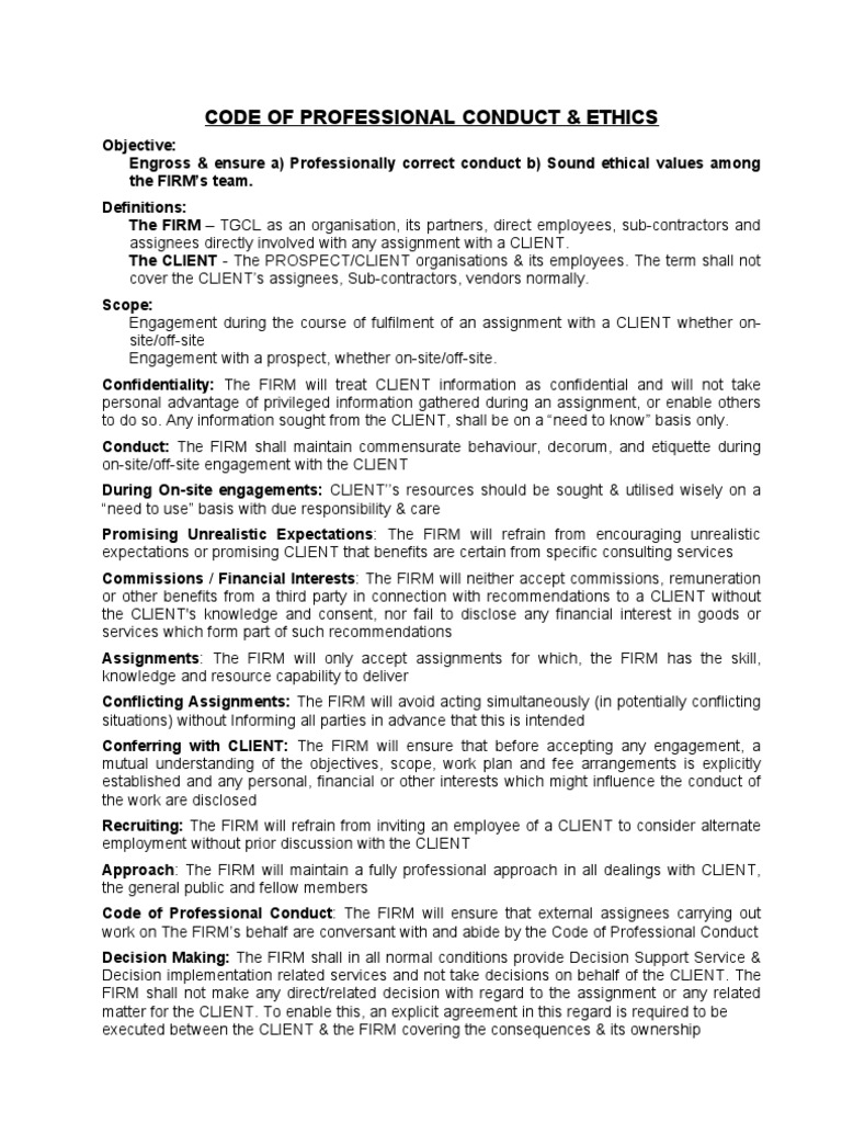 Professional Conduct & Ethics Code | PDF | Assignment (Law) | Business