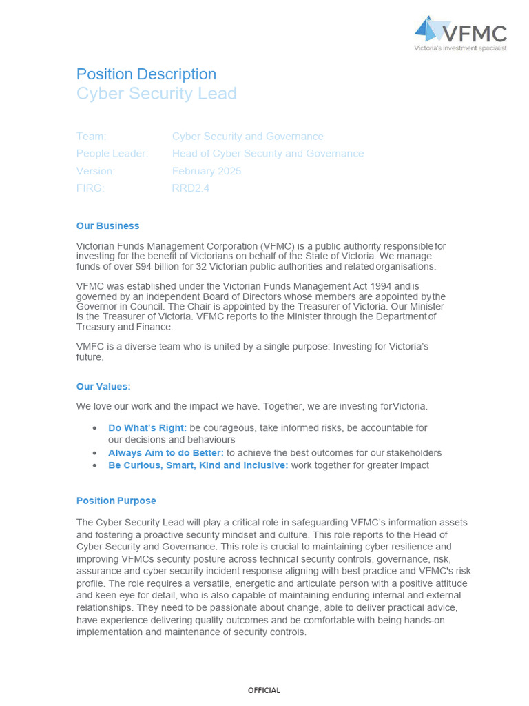Cyber Security Lead Position Description | PDF | Computer Security ...