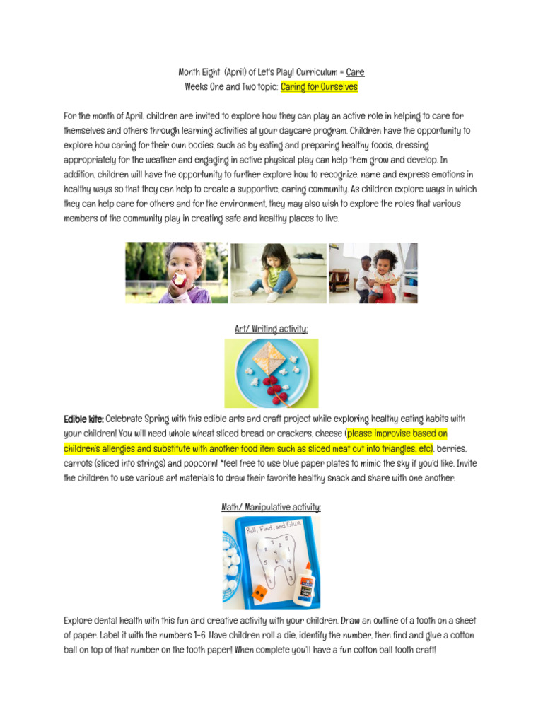 Month Eight (April) of Let's Play Topic 1 Activities | PDF