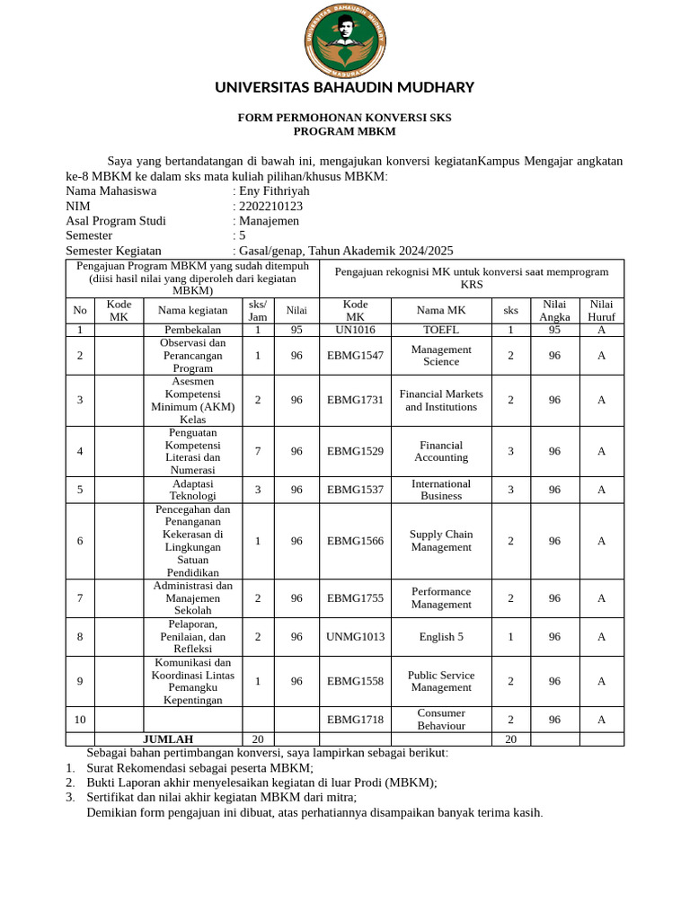 Form Permohonan Konversi Sks Eny | PDF