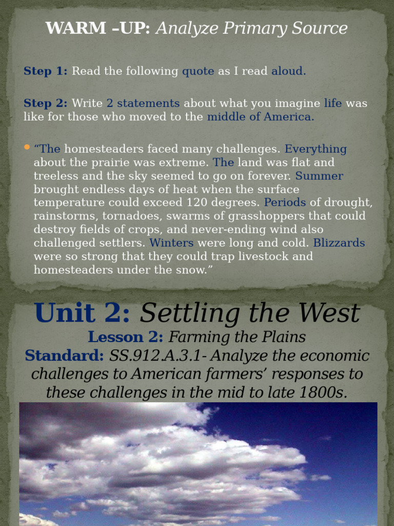 Powerpoint US History Unit 1 Day 2 (Farming The Plains) | PDF