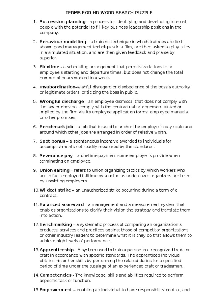 HR Terminology Word Search Guide | PDF | Apprenticeship | Competence ...