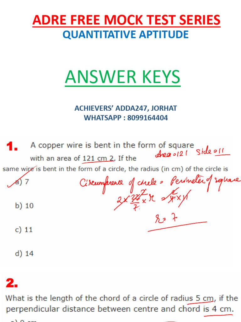 Adre Maths Free Mock Test Answer Key | PDF