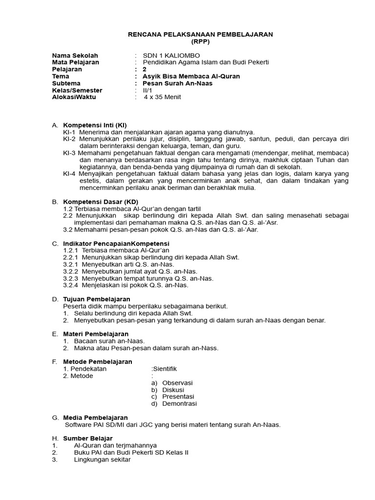 RPP Pembelajaran Surah An-Naas SD | PDF