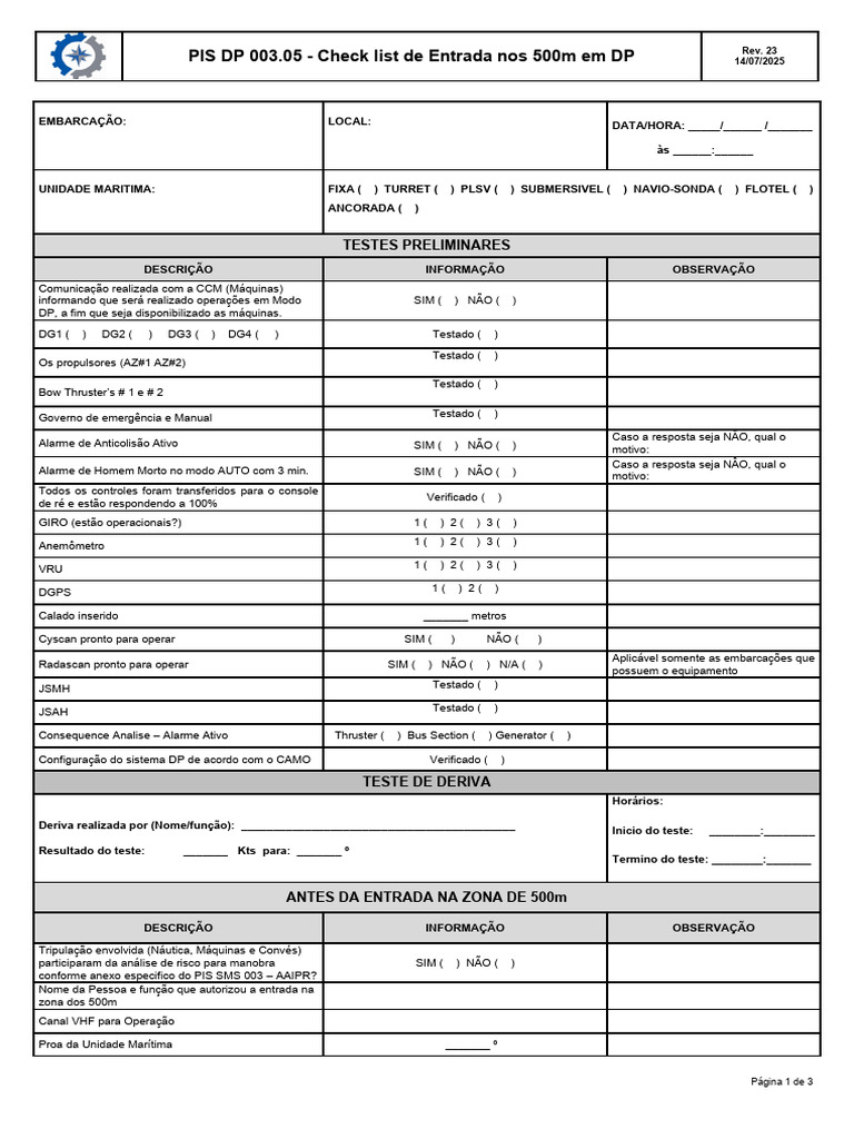 Check List DP: Entrada nos 500m | PDF | Transporte de água | Embarcação