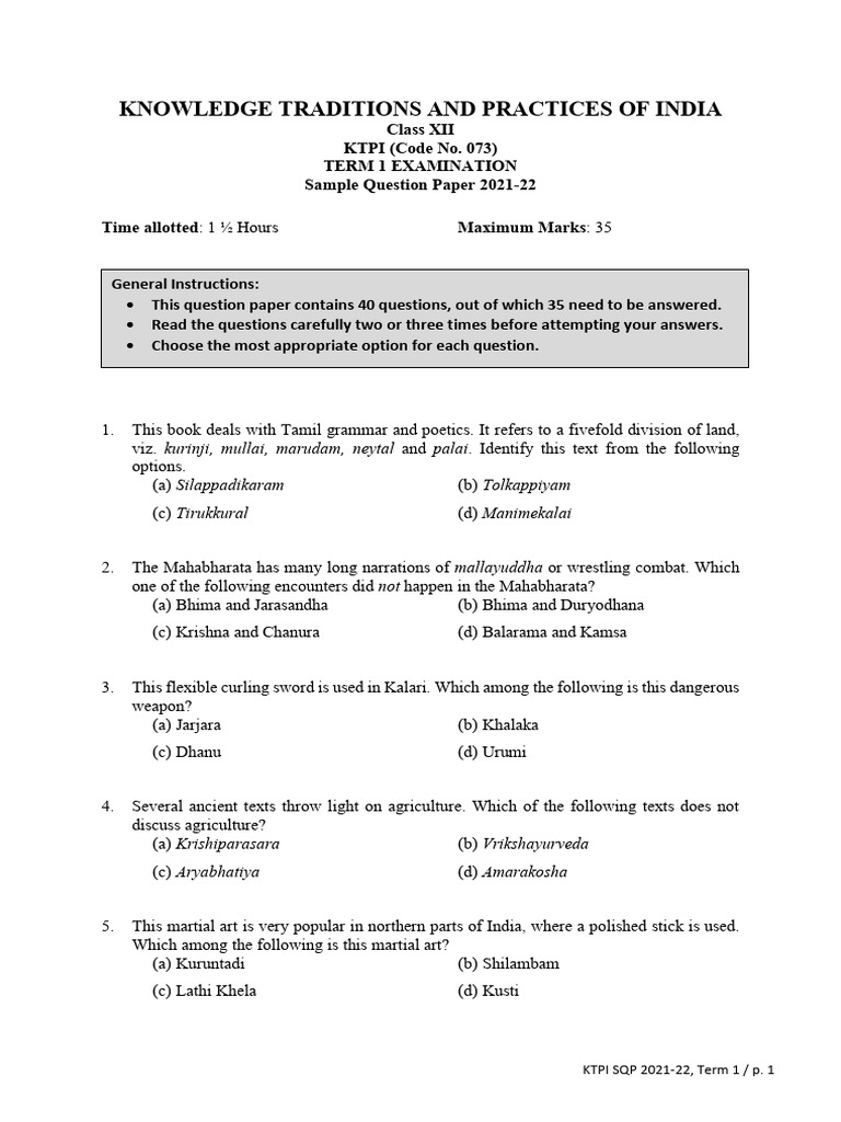CBSE Class (Term-1) KTPI Sample Question Paper 2021-22 | PDF | Taxes