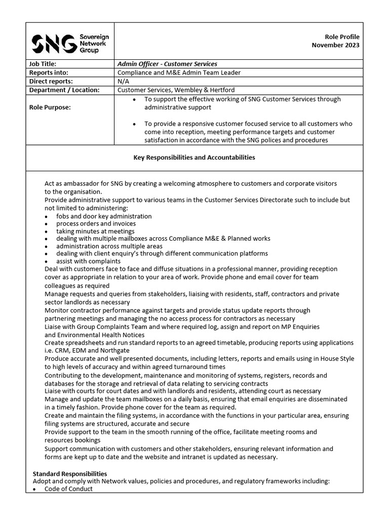 Admin Officer Role Profile - Customer Services | PDF