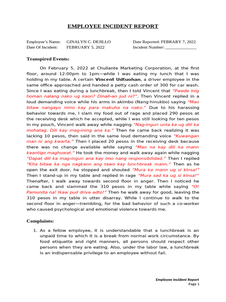Employee Incident Report: Harassment Case | PDF | Aggression | Justice