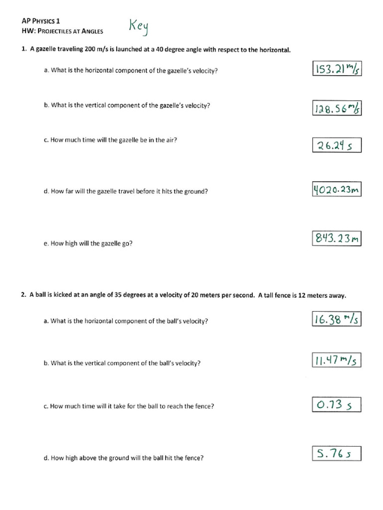 02 HW Projectiles Launched at Angles KEY | PDF