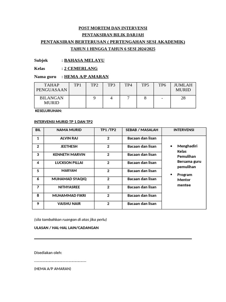 Borang Post Mortem BM 2C (Pertengahan Sesi Akademik) | PDF