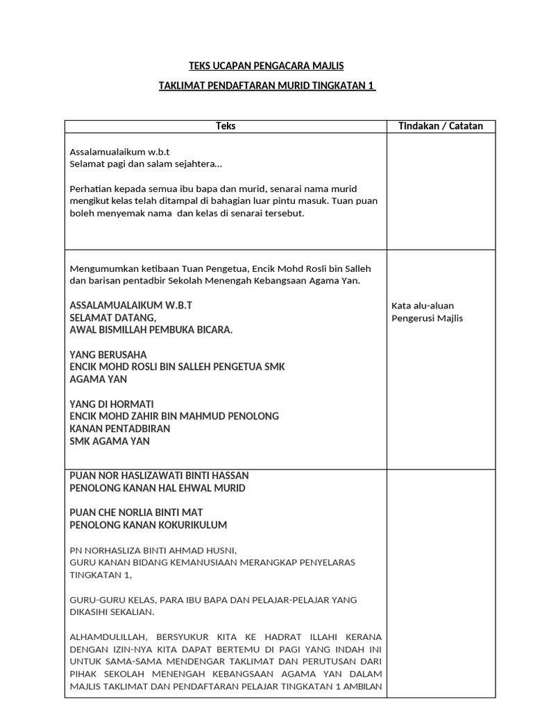 Teks Ucapan MC Majlis Pendaftaran Tingkatan 1docx | PDF