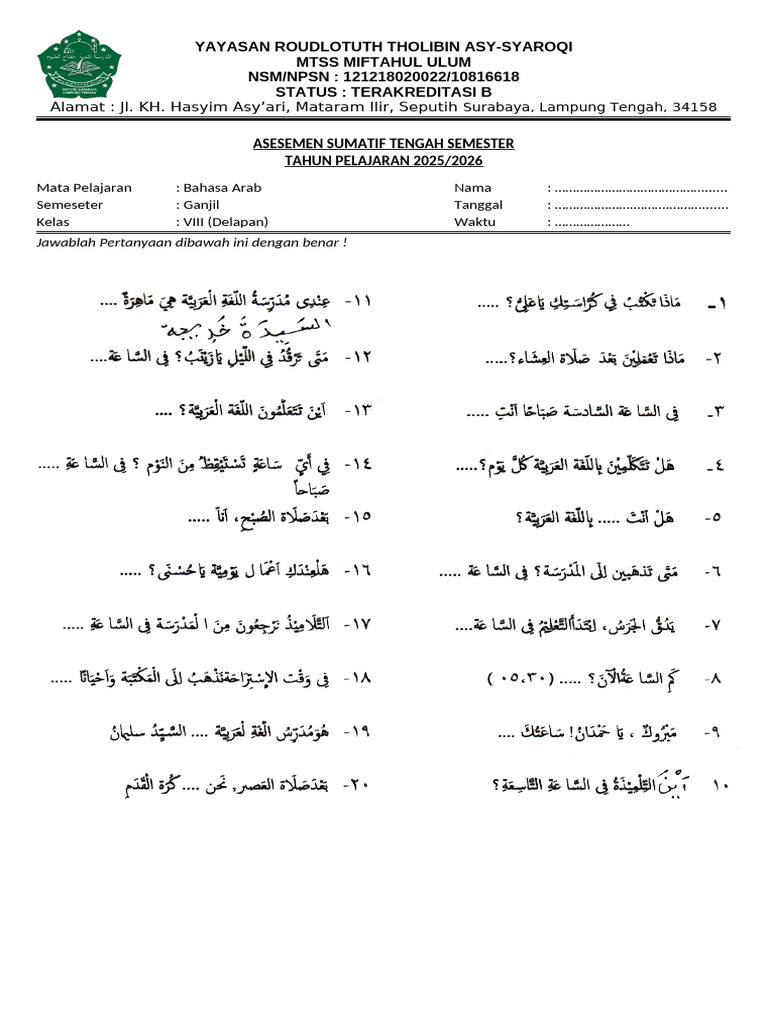 Asesmen Bahasa Arab MTSS Miftahul Ulum | PDF