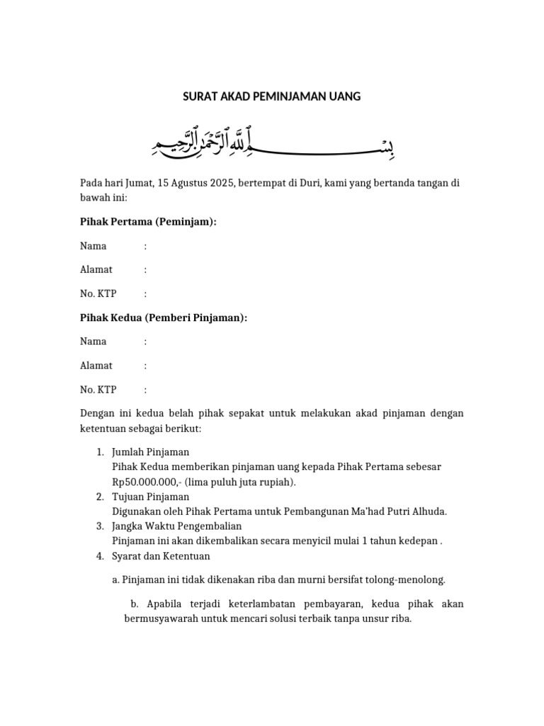 Surat Akad Peminjaman Uang 2025 | PDF