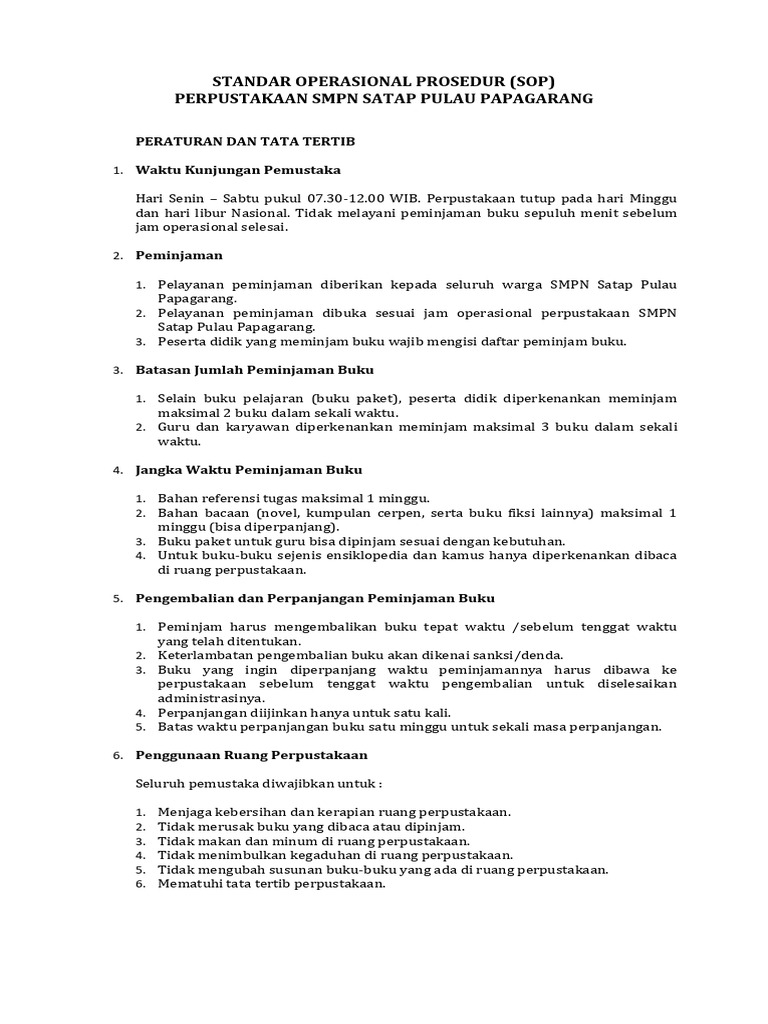 Standar Operasional Prosedur (Sop) Perpustakaan | PDF