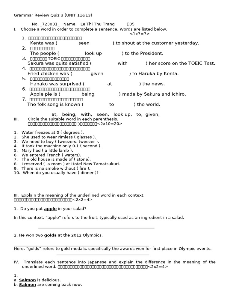 Zoe (723031) - Grammar Review Quiz 3.1209 | PDF | Chess | Chess Theory