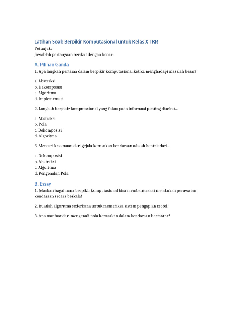 Latihan Soal Berpikir Komputasional TKR Kelas X | PDF