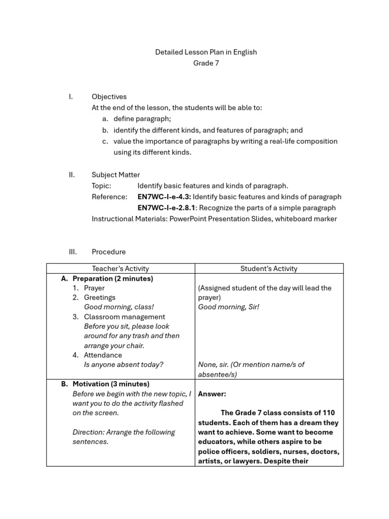 Grade 7 Lesson Plan: Paragraph Basics | PDF