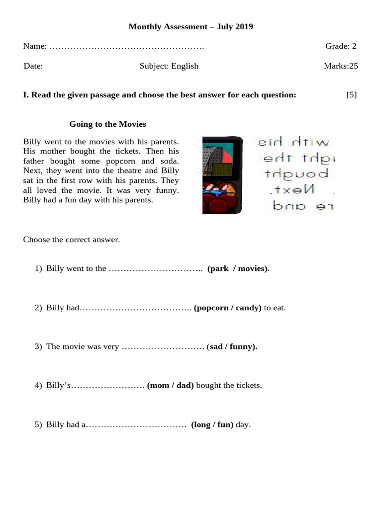 July 2019 Grade 2 English Assessment | PDF