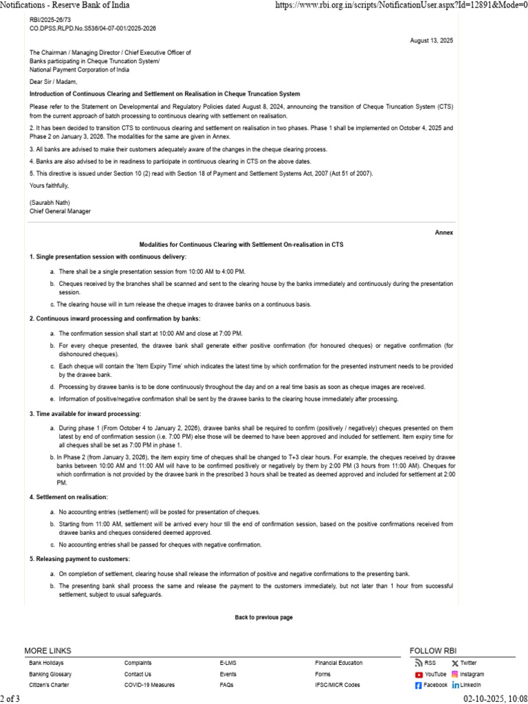 Continuous CTS Clearing Implementation | PDF | Cheque | Reserve Bank Of ...