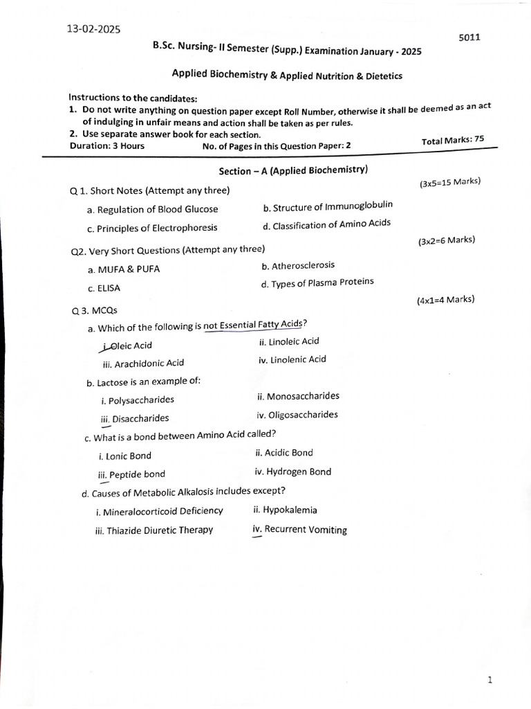 BSC Nursing 2nd Semester Biochemistry Nutrition January Re Exam | PDF