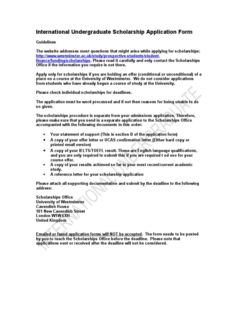 International Scholarship Application Form | PDF | Students | Further Education