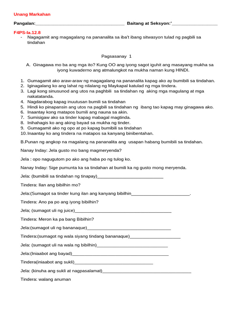 Pagsasanay Sa Filipino 4 Ist Grading | PDF
