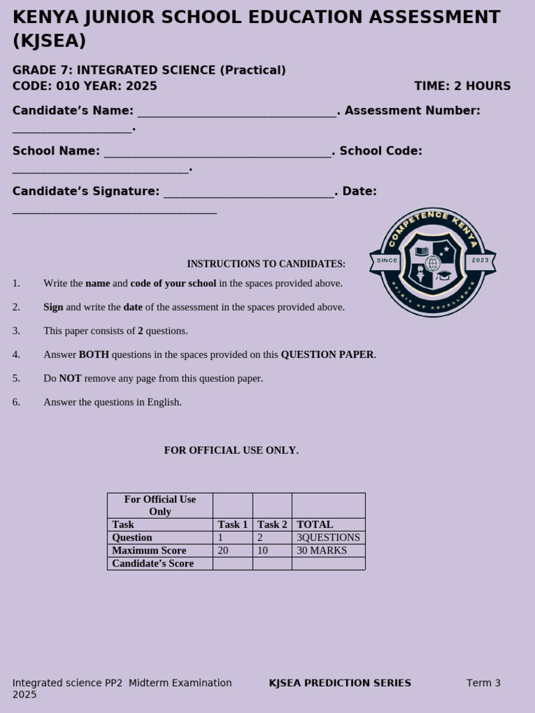 KJSEA Grade 7 Integrated Science Exam | PDF | Urinary System | Kidney