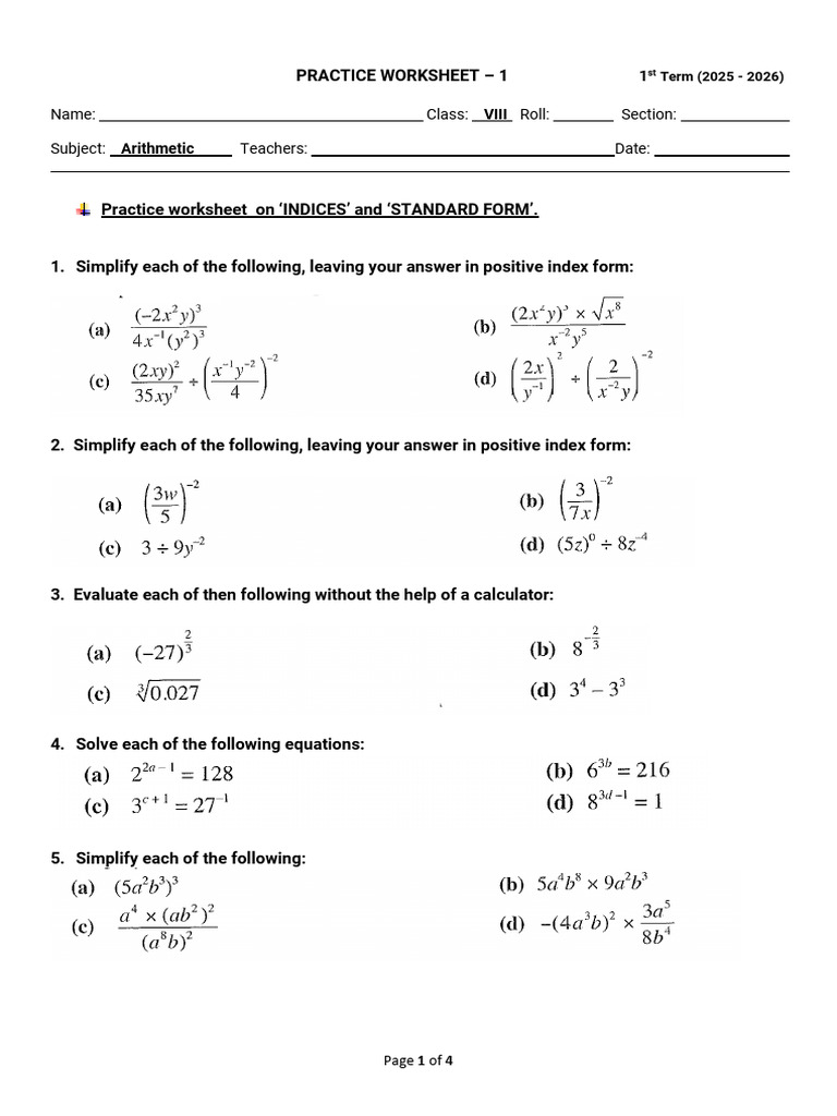 Indices and Standard Form Practice Sheet | PDF