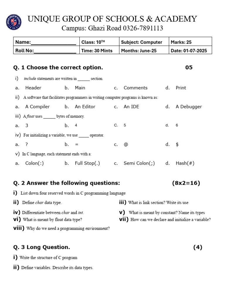 C Programming Quiz for 10th Grade | PDF