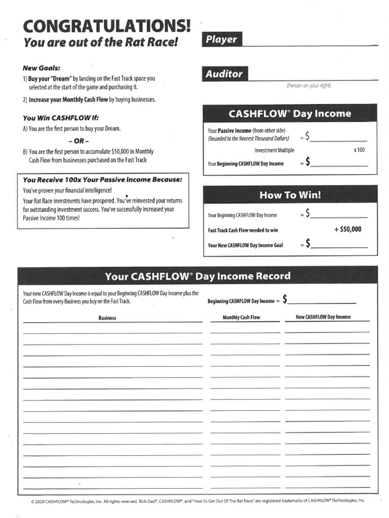 Cashflow Game Score Sheet | PDF