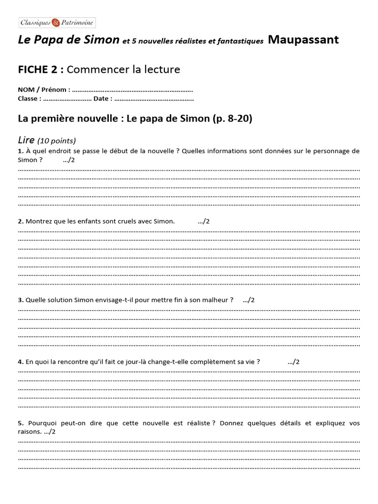 Le Papa de Simon Et 5 Nouvelles Réalistes Et Fantastiques (Maupassant ...