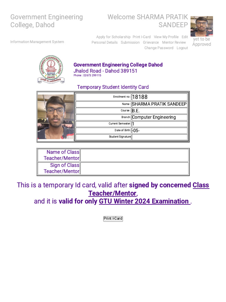 Temporary Student ID Card - GEC Dahod | PDF