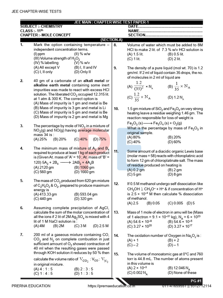 1 Mole Concept Question 1 | PDF | Mass Concentration (Chemistry ...