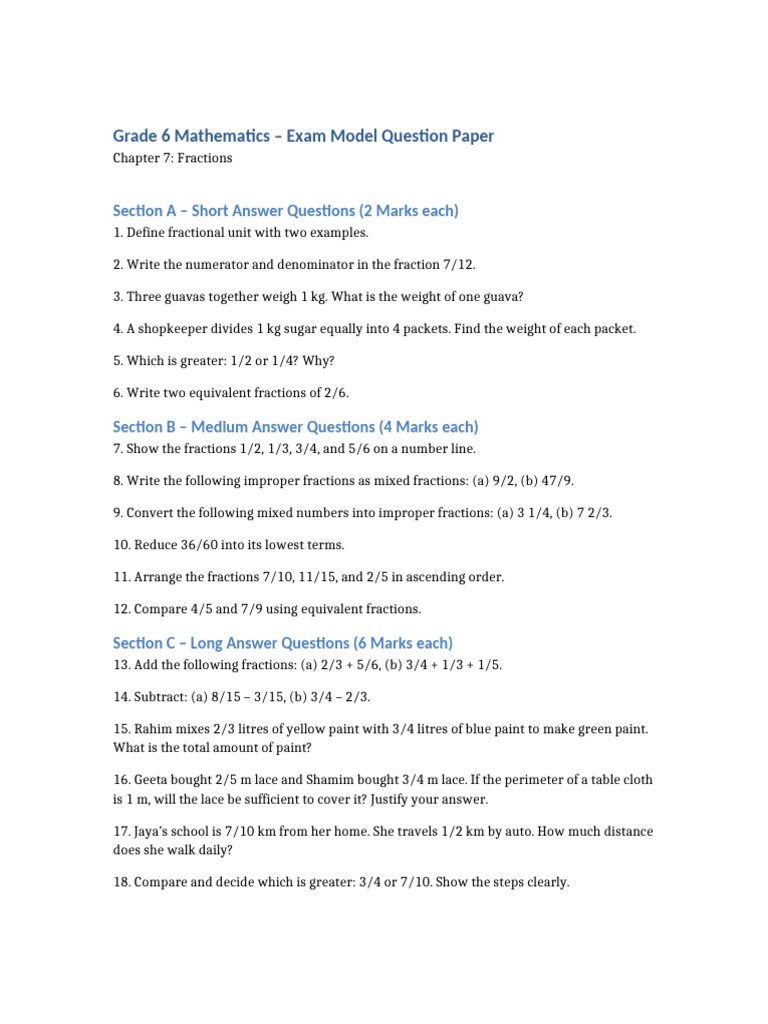 Grade6 Fractions Exam Model | PDF