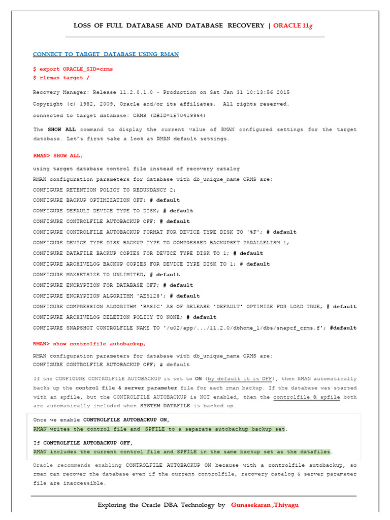RMAN Database Recovery in Oracle 11g | PDF | Backup | Databases
