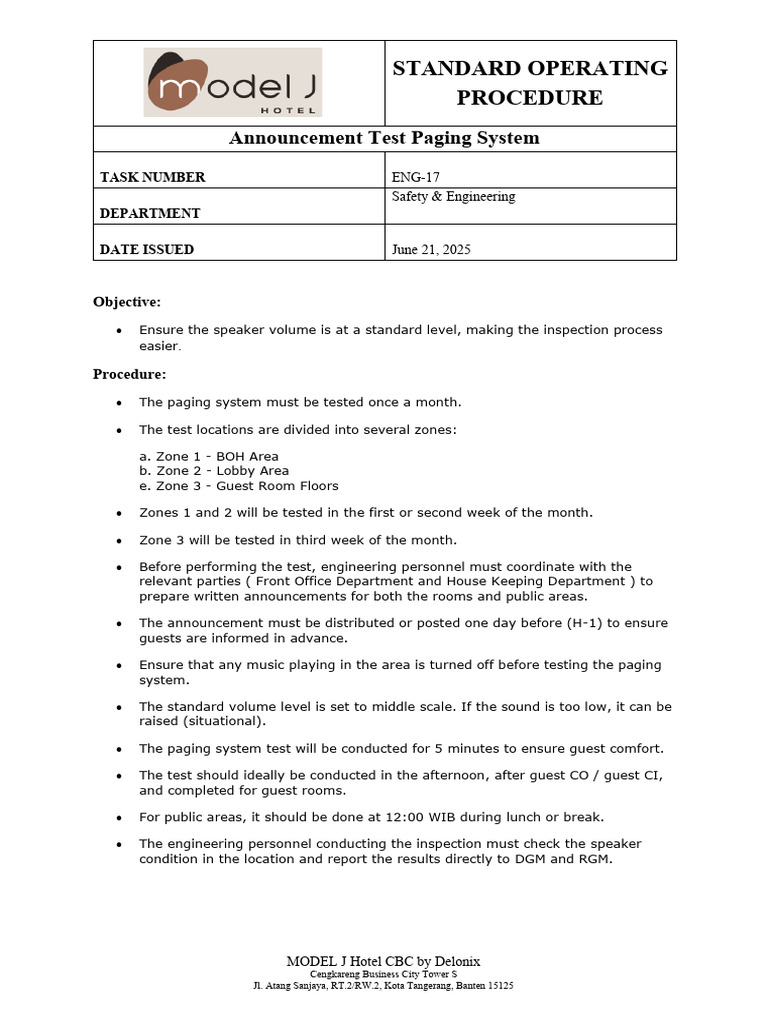 Paging System Test SOP for Hotels | PDF | Quality