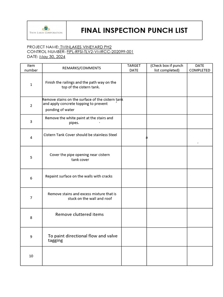 TwinLakes Vineyard Final Inspection List | PDF | Pipe (Fluid Conveyance ...