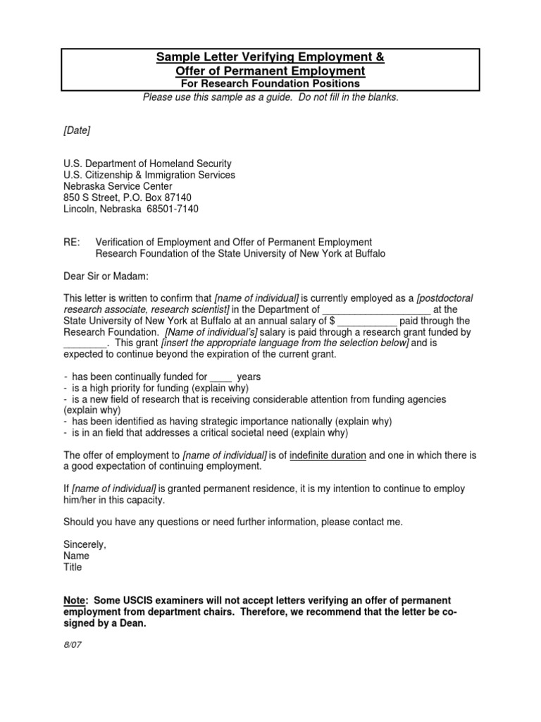 Sample Letter Verifying Employment | Permanent Residence (United States ...