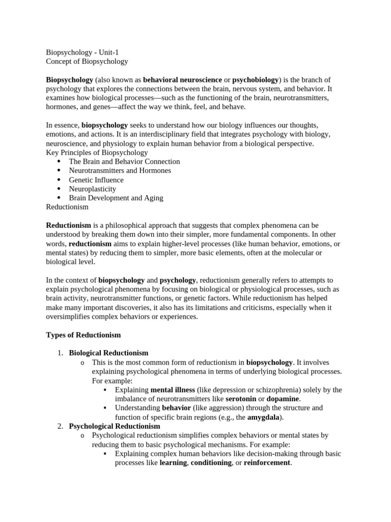Biopsychology (Unit 1) | PDF | Chemical Synapse | Neurotransmitter