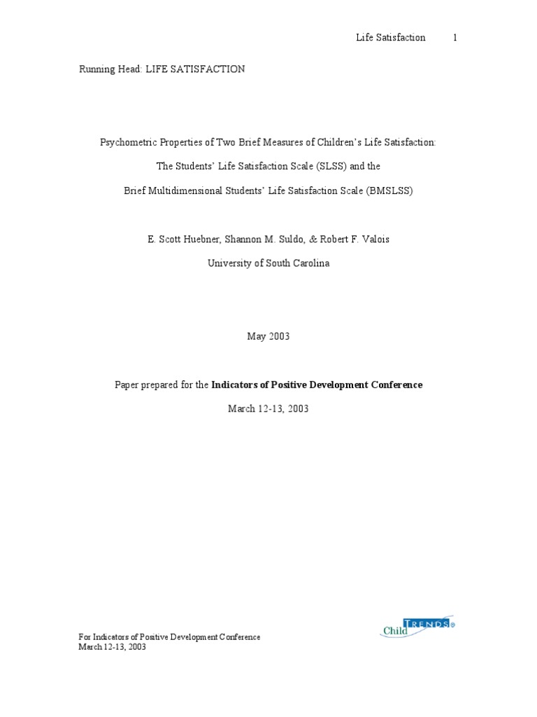 Psychometric Evaluation of Brief Measures of Life Satisfaction for Use with Children and ...