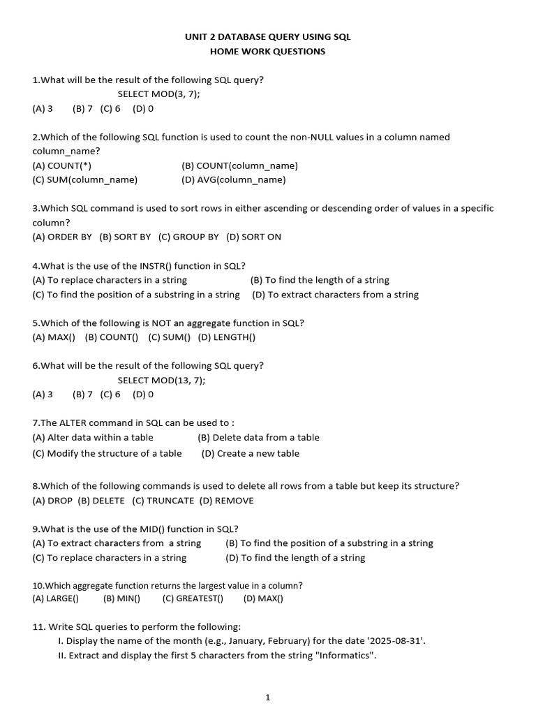 Unit2 Home Work Questions | PDF | Sql | Table (Database)