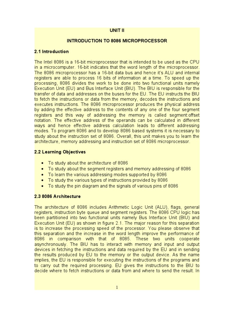 Unit II Introduction To 8086 Microprocessor 8086 Architecture | PDF | Assembly Language ...