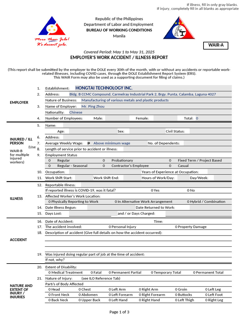 WAIR A & B - Employer's Work Accident - Illness Report - Form | PDF ...